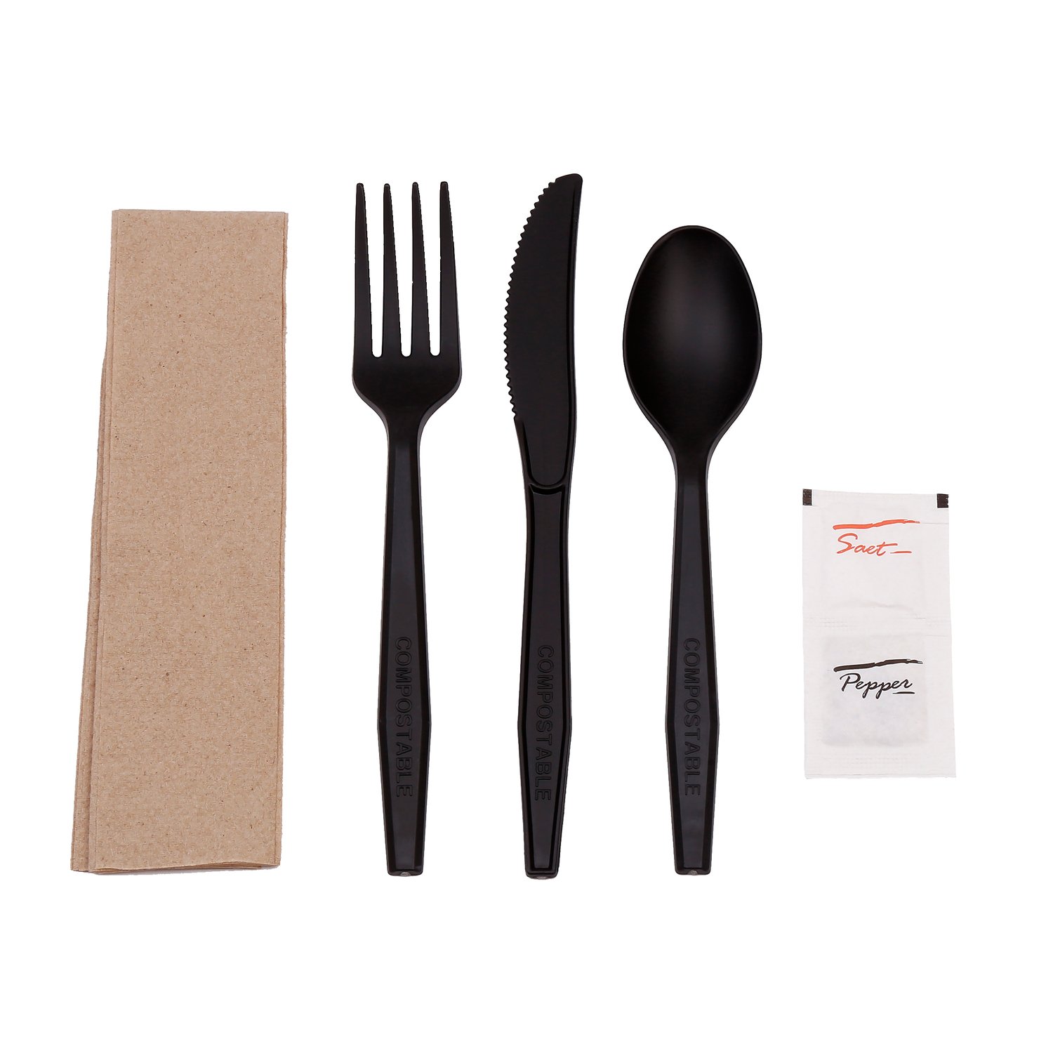AmerCare Royal Primeware Compostable CPLA Black Cutlery Meal Kit 6KL801B01