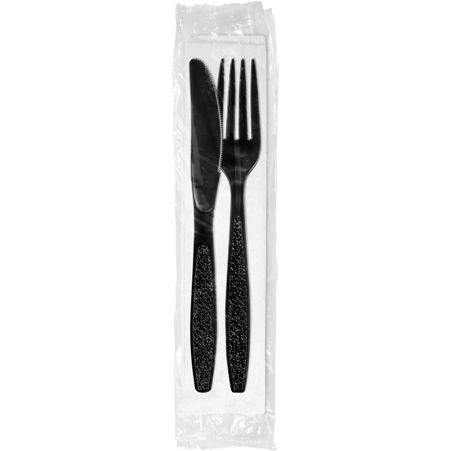 Heavy Weight Polystyrene Kit Wrapped Black Knife, Fork, 12" x 13" Napkin