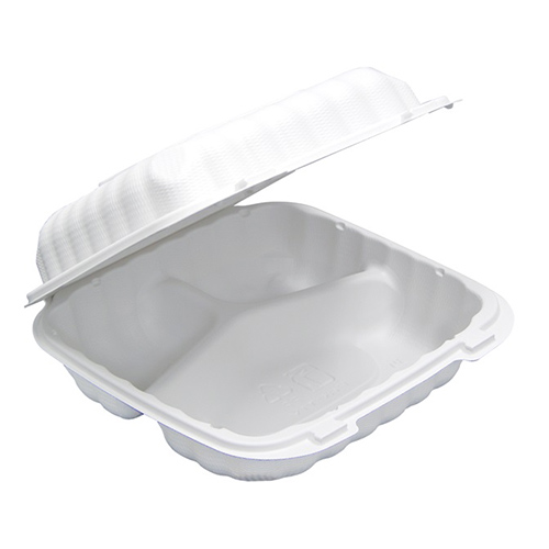 Pactiv 8" x 8" x 3" Microwavable White MFPP 3-Compartment Hinged-Lid ...